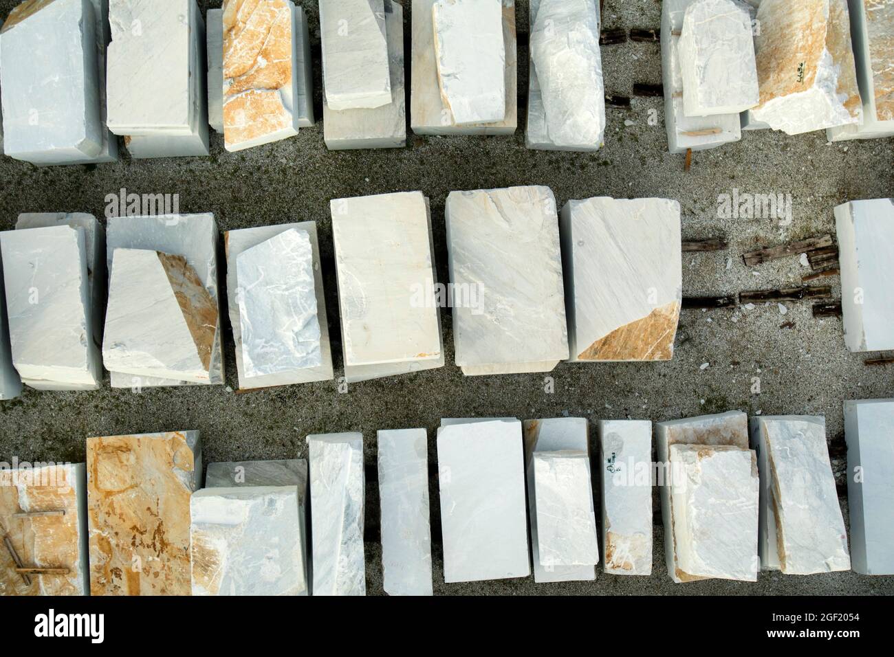 Aerial view of an area used as a marble warehouse awaiting processing ...