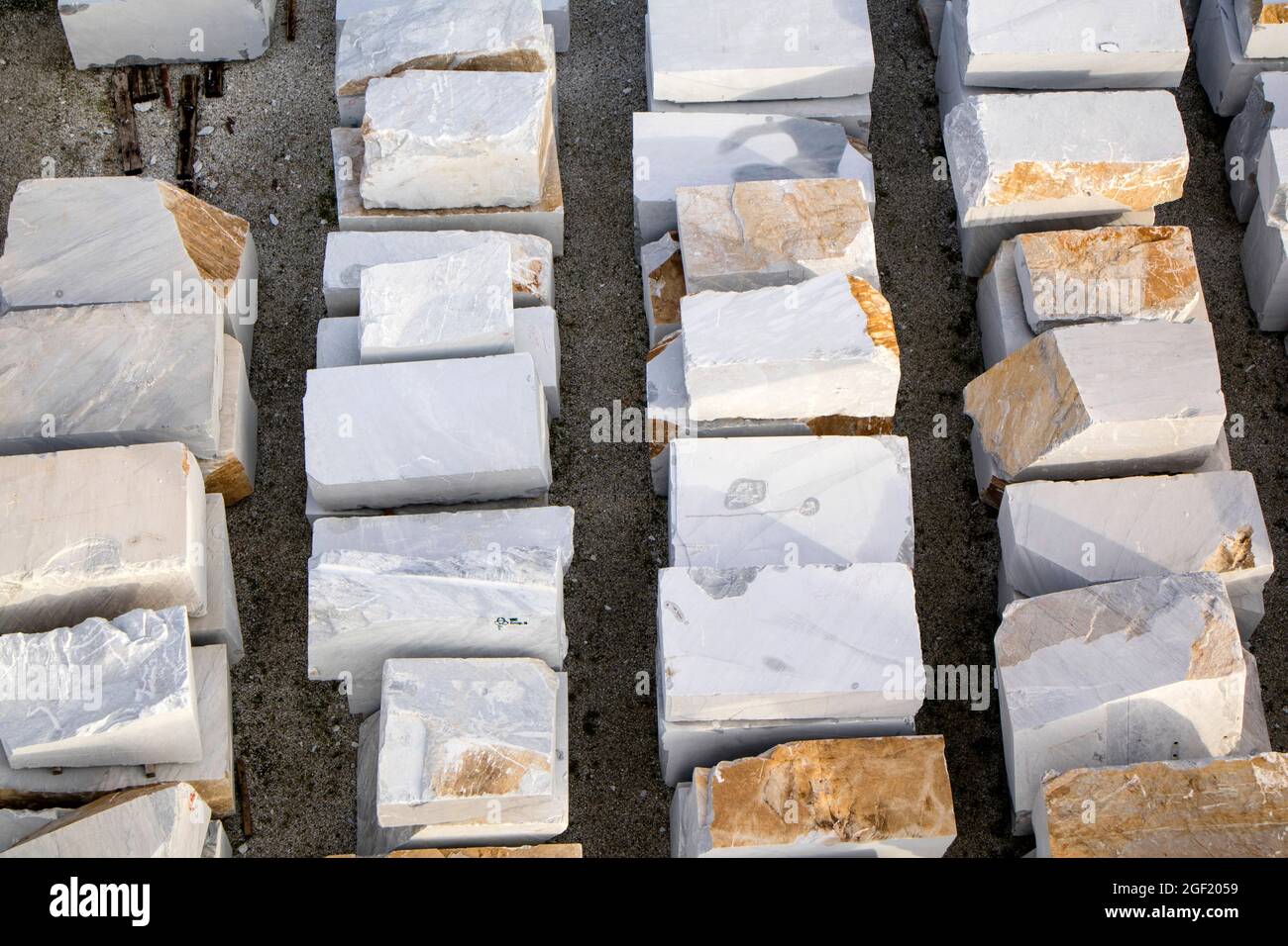 Aerial view of an area used as a marble warehouse awaiting processing ...
