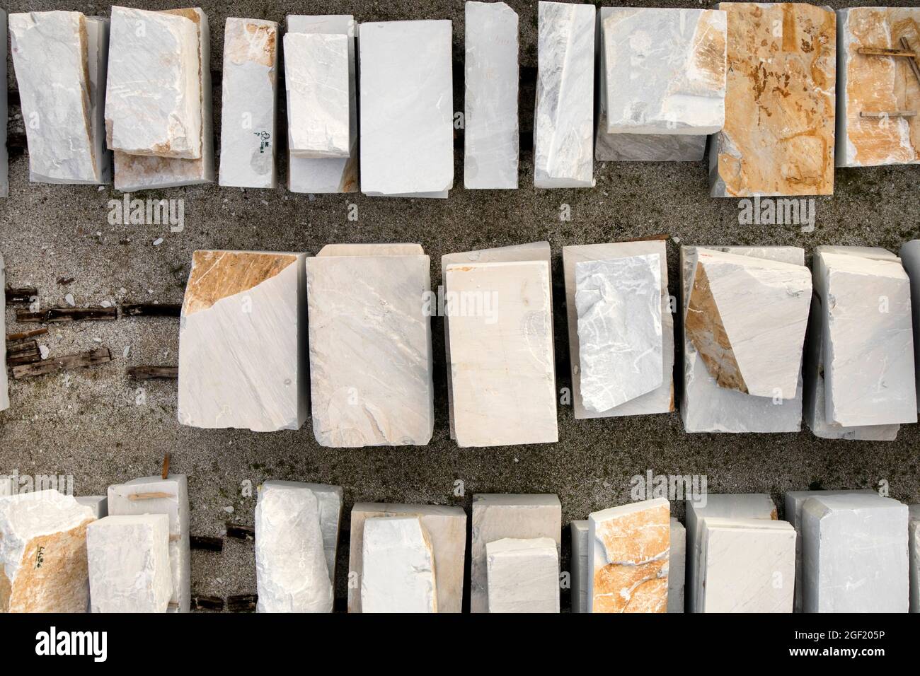 Aerial view of an area used as a marble warehouse awaiting processing ...