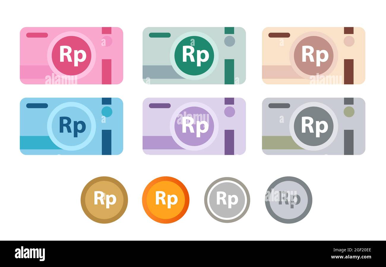 Rupiah money icon set of IDR bank notes coin and cash paper in many ...