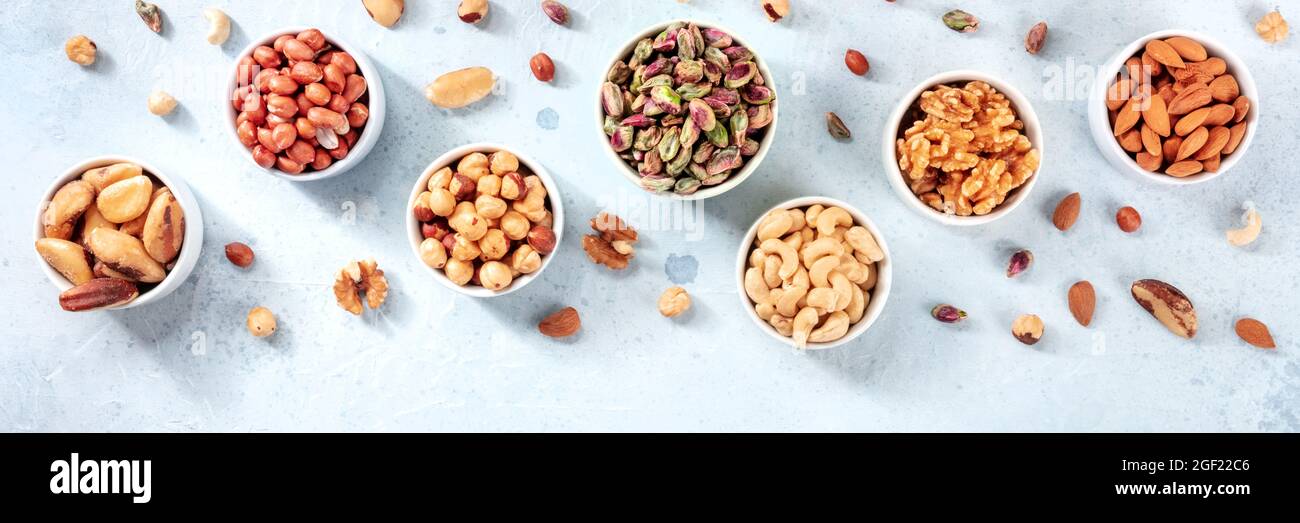 Nut variety panorama with many different types of nuts, shot from the ...