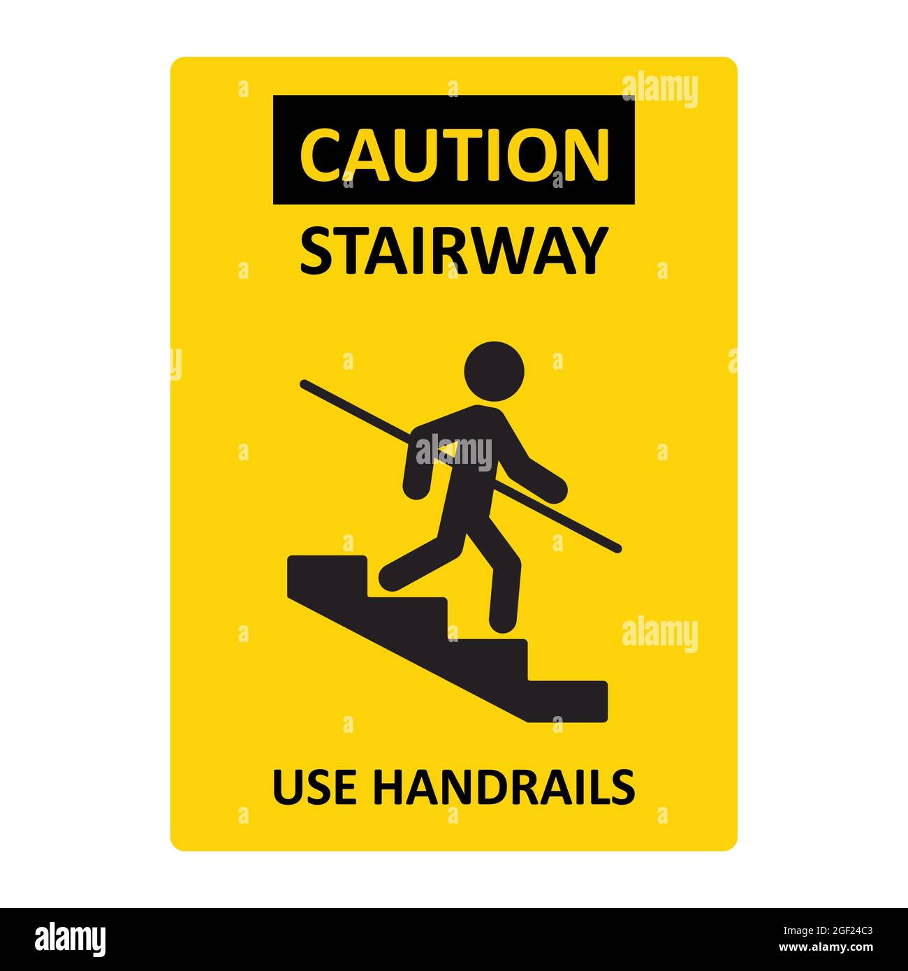 Caution stairway Use Handrails sign. A man goes down the stairs and ...