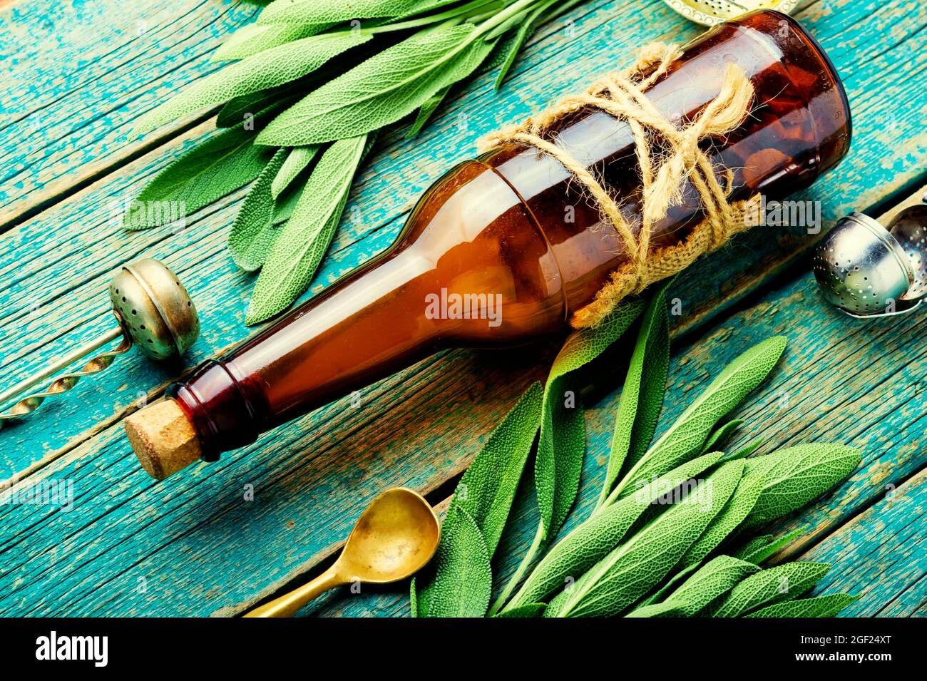 Glass bottle with medicinal tincture of fresh sage. Herbal medicine ...