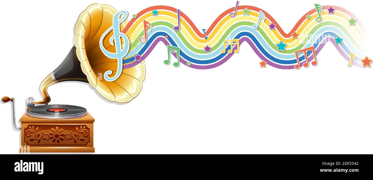 Gramophone with melody symbols on rainbow wave illustration Stock ...