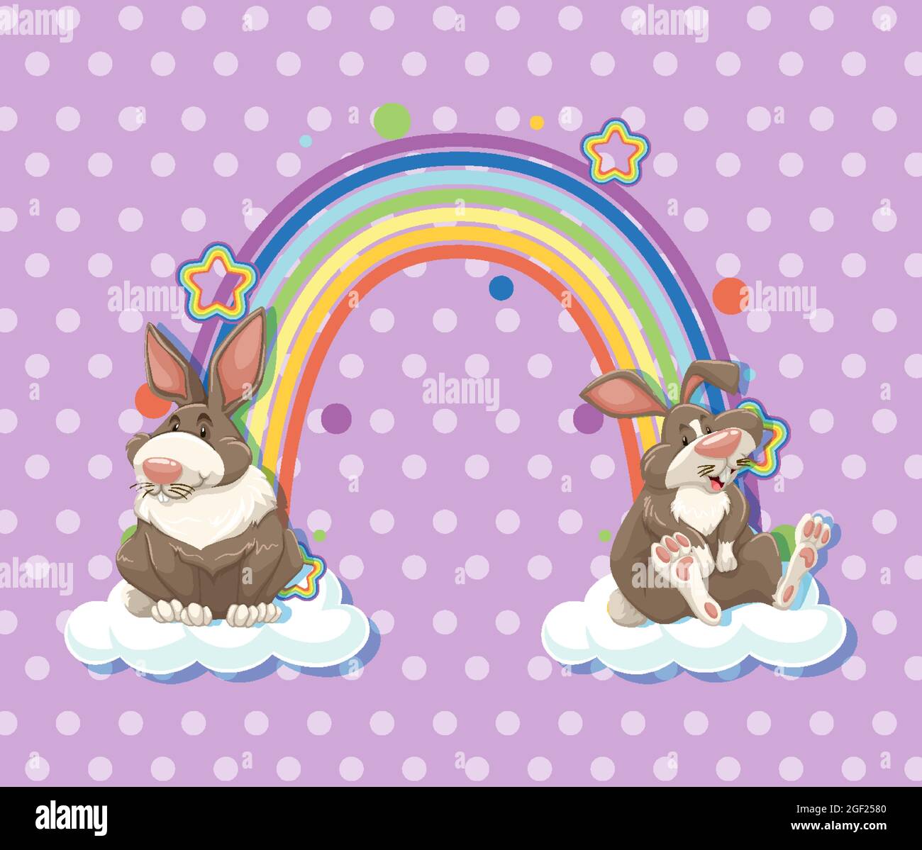 Two rabbits on the cloud with rainbow on purple polka dot background ...