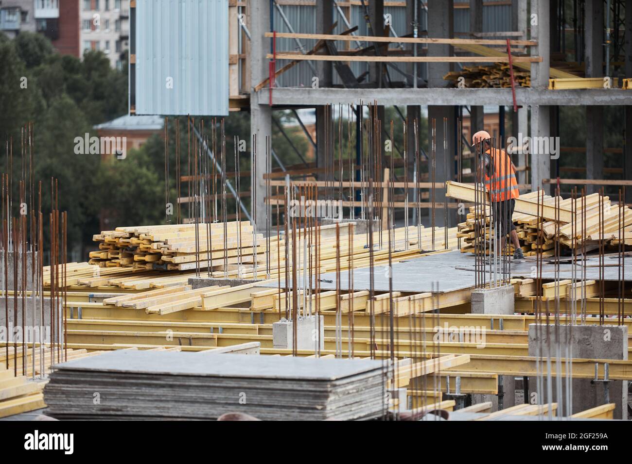 Wide angle view at construction site with metal and concrete structures ...