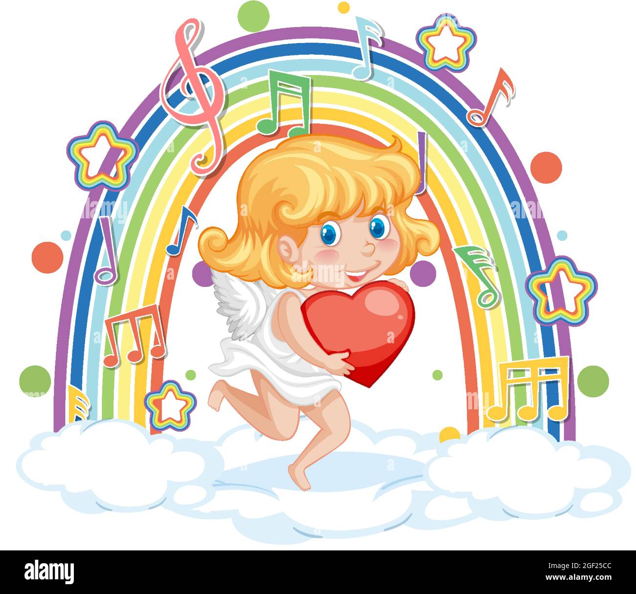 Cupid girl holding heart with melody symbols on rainbow illustration ...