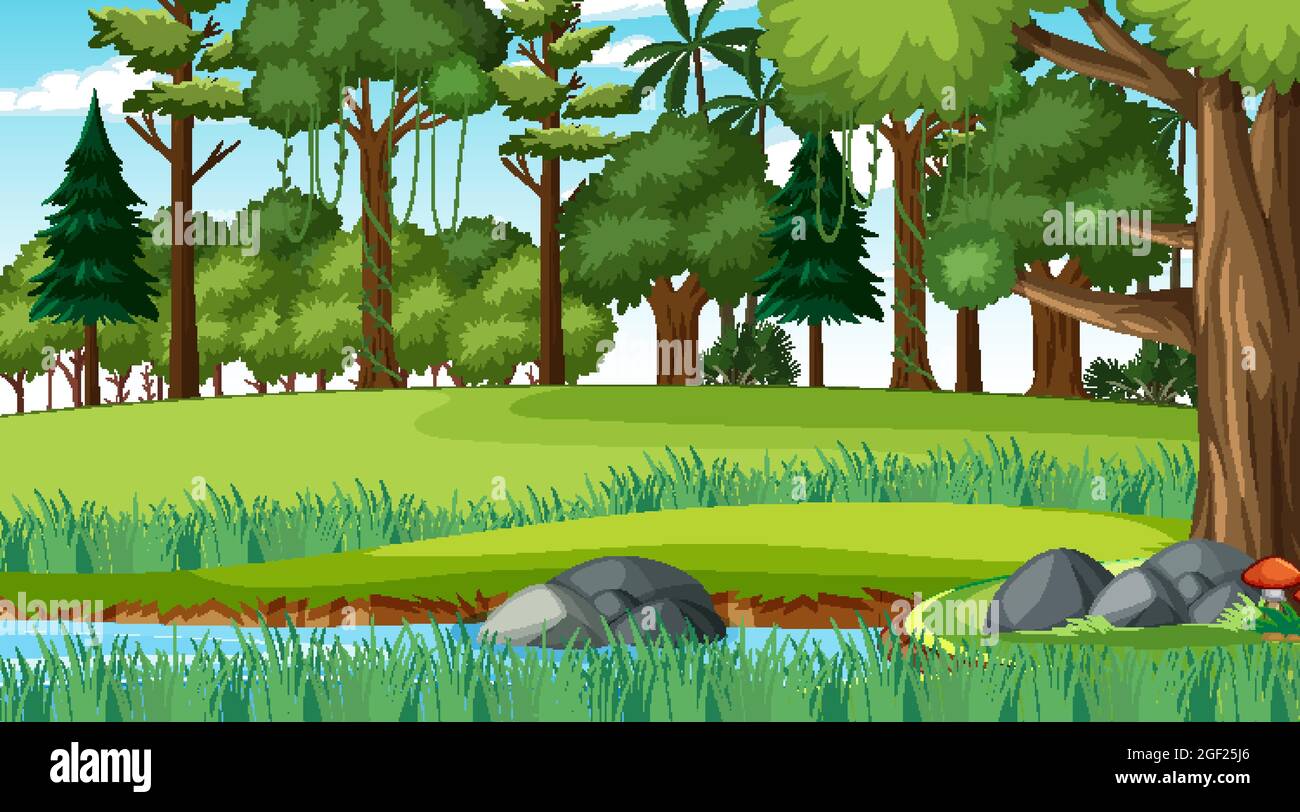 Nature scene with stream flowing through the forest illustration Stock ...