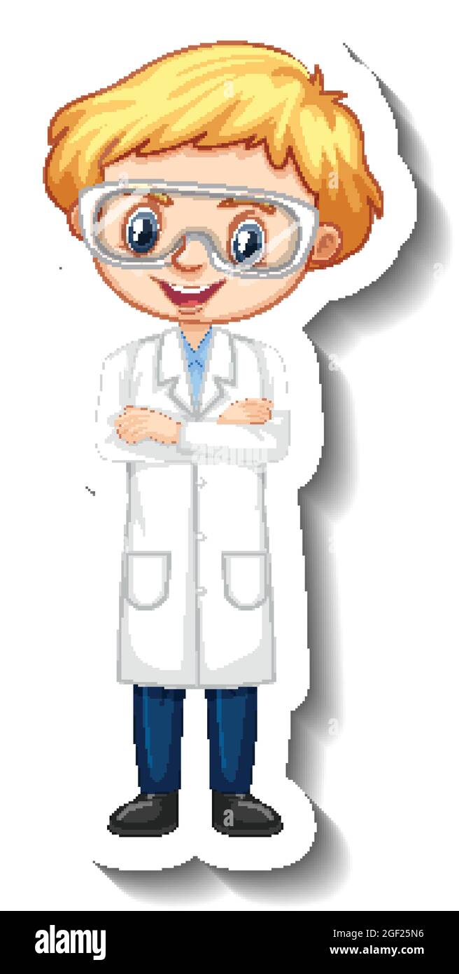 Cartoon character sticker with a boy in science gown illustration Stock ...