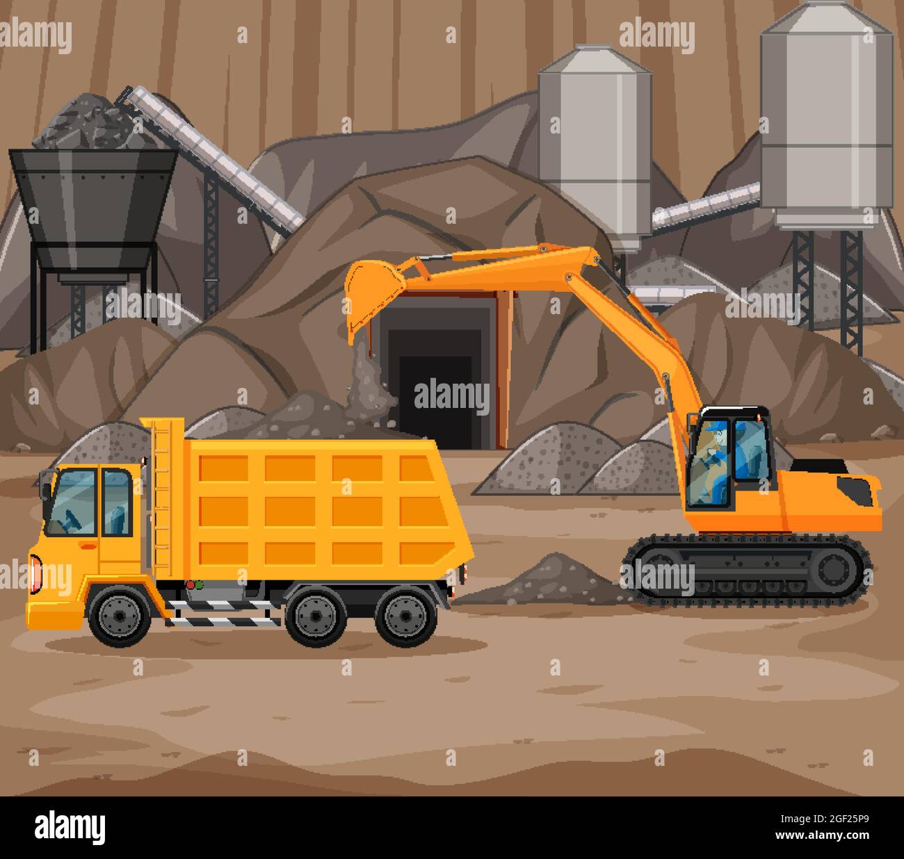 Landscape of coal mining scene with crane and trucks illustration Stock ...