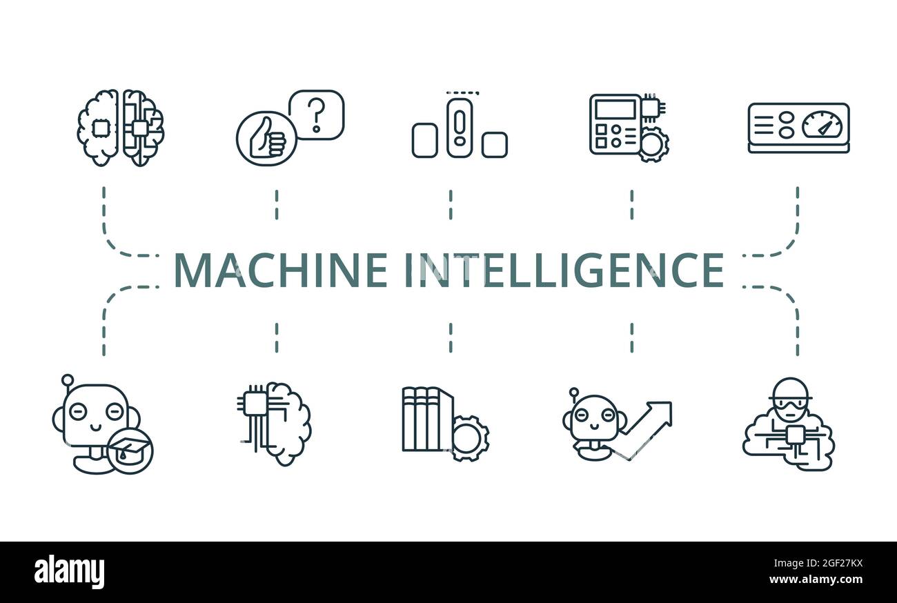 Machine Intelligence icon set. Contains editable icons theme such as pattern, skills hacking ...