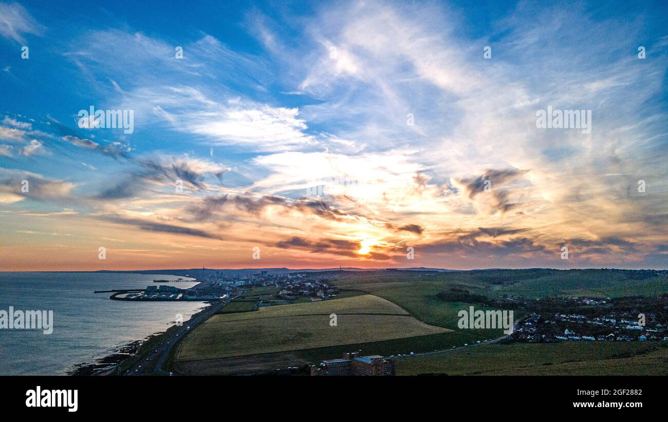 Aerial view of sunset by the Brighton with view of cliffs Stock Photo ...