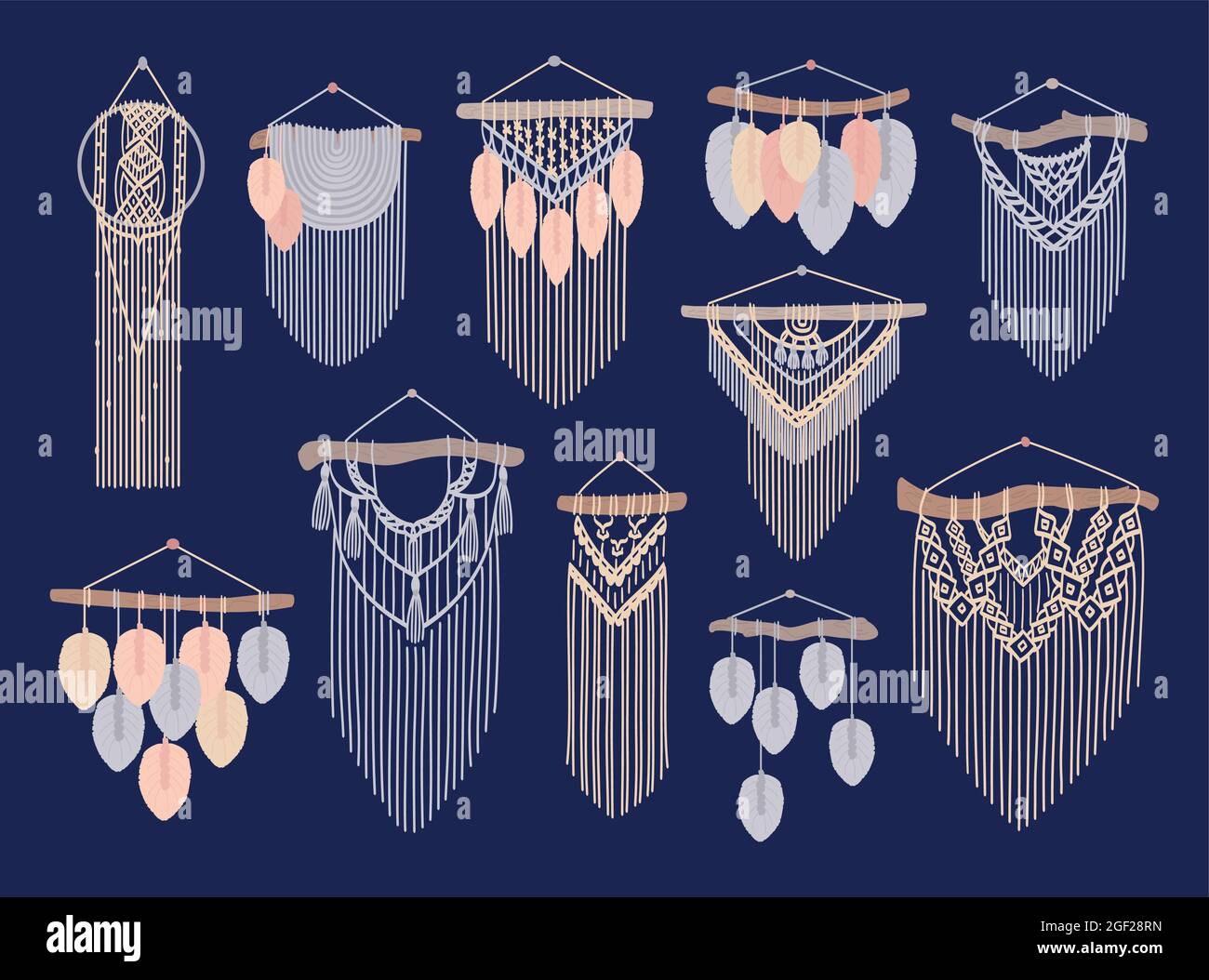 Macrame vector set. Cord wall decor, wall hangings. Scandinavian ...