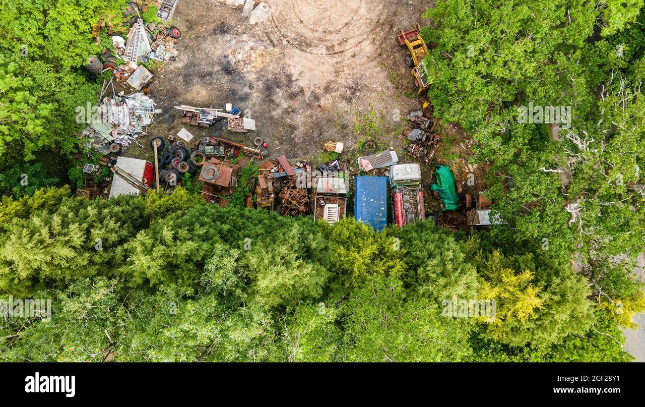 Aerial view of abandon yard with few vehicles left to rot Stock Photo ...
