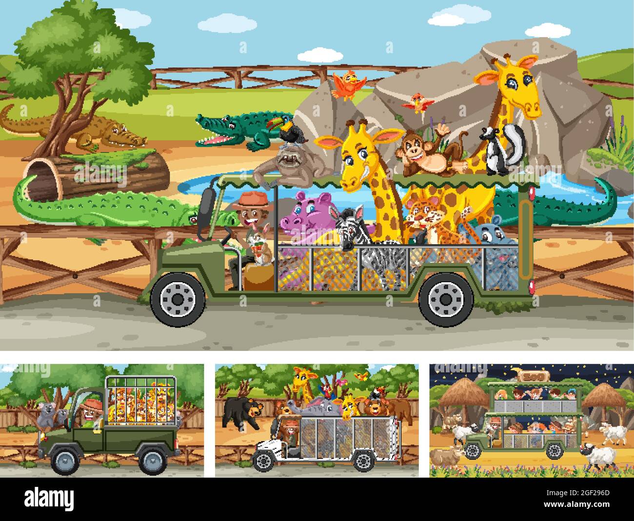 Different safari scenes with animals and kids cartoon character ...