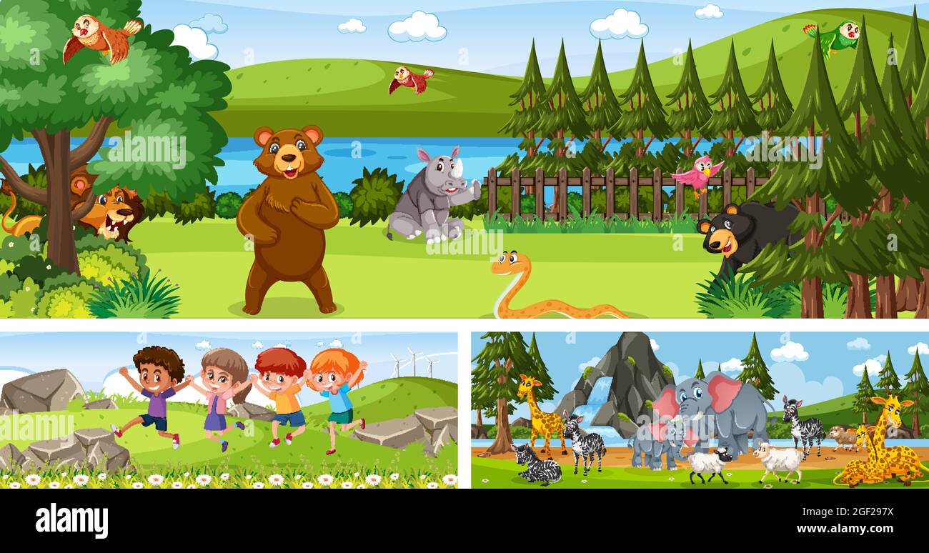 Set of different outdoor landscape scenes with cartoon character ...