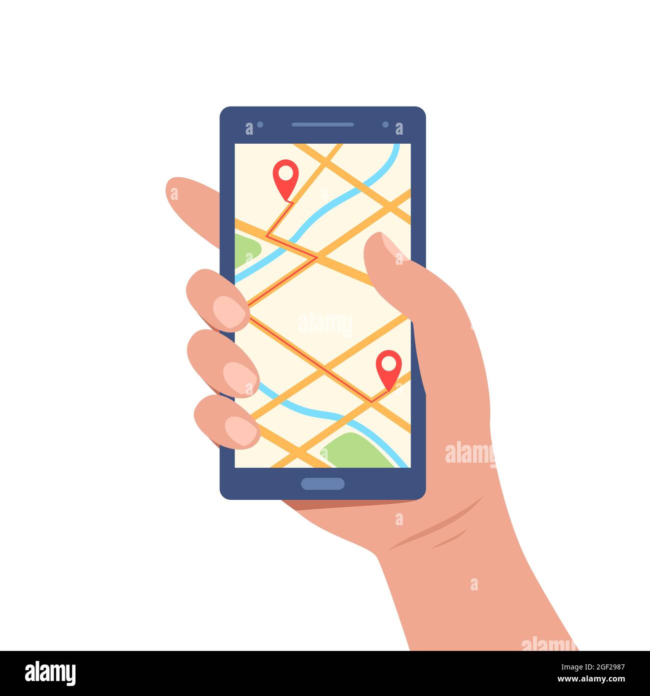 Cellphone with map on screen in human hand. City map navigation app ...