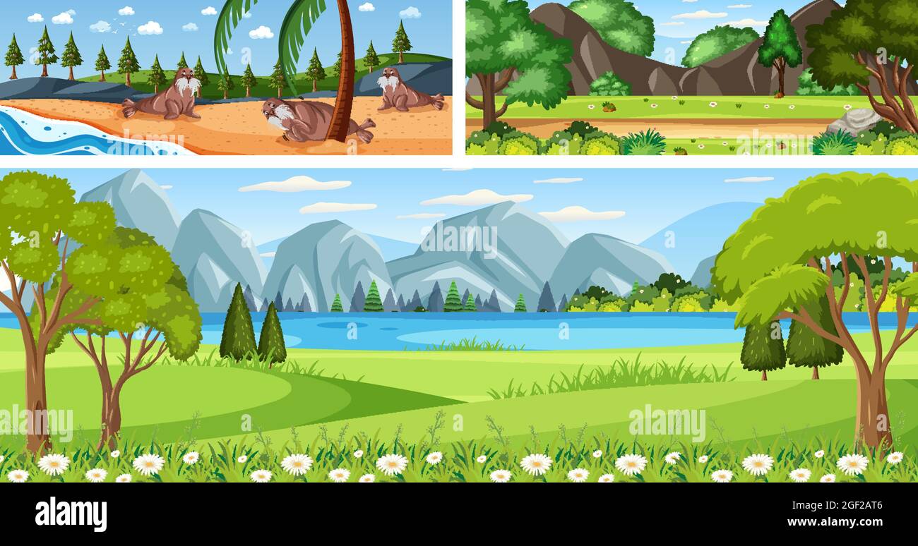 Set of different outdoor landscape scenes with cartoon character ...