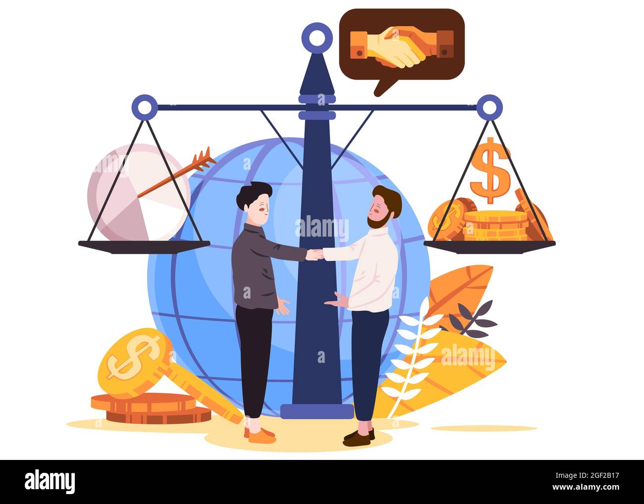 in front of scale and globe in white blue background two man hand shake ...