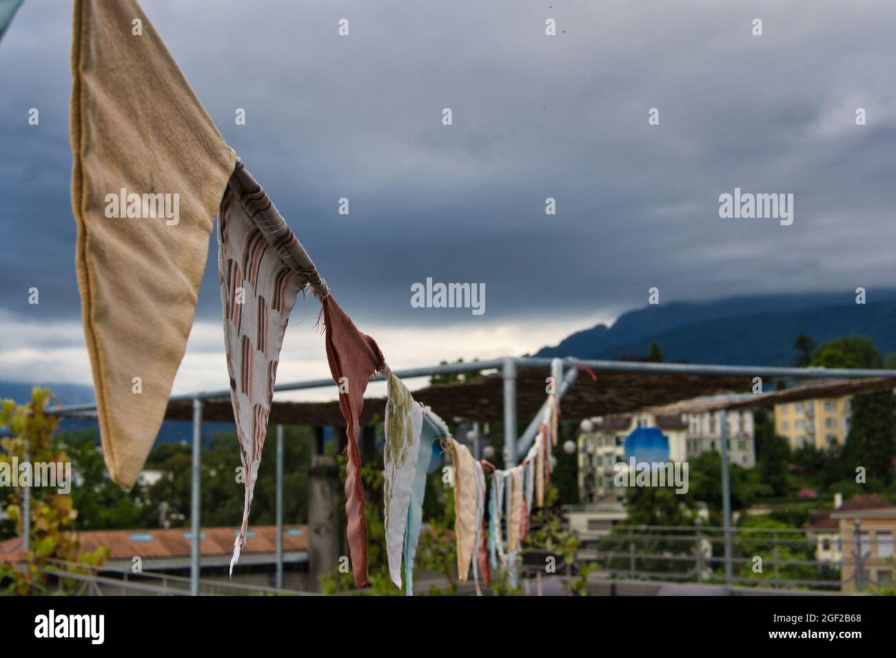 Closeup of the colorful fabric triangle bunting flags hanging from the ...