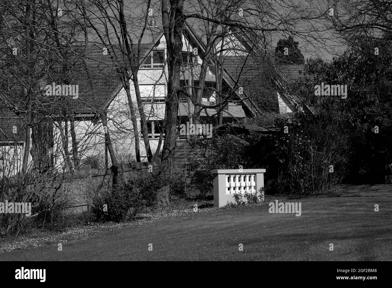 Grayscale view of a rural landscape with houses in the background Stock ...