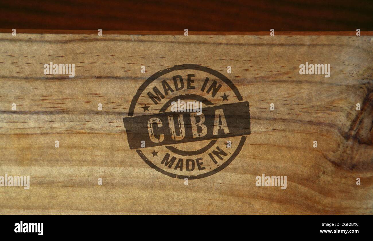 Made in Cuba stamp printed on wooden box. Factory, manufacturing and ...