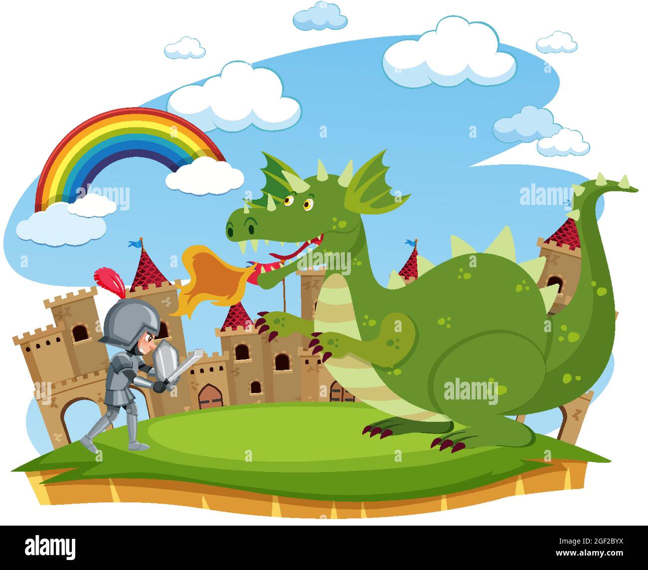 Knights fight with dragon at the castle illustration Stock Vector Image ...