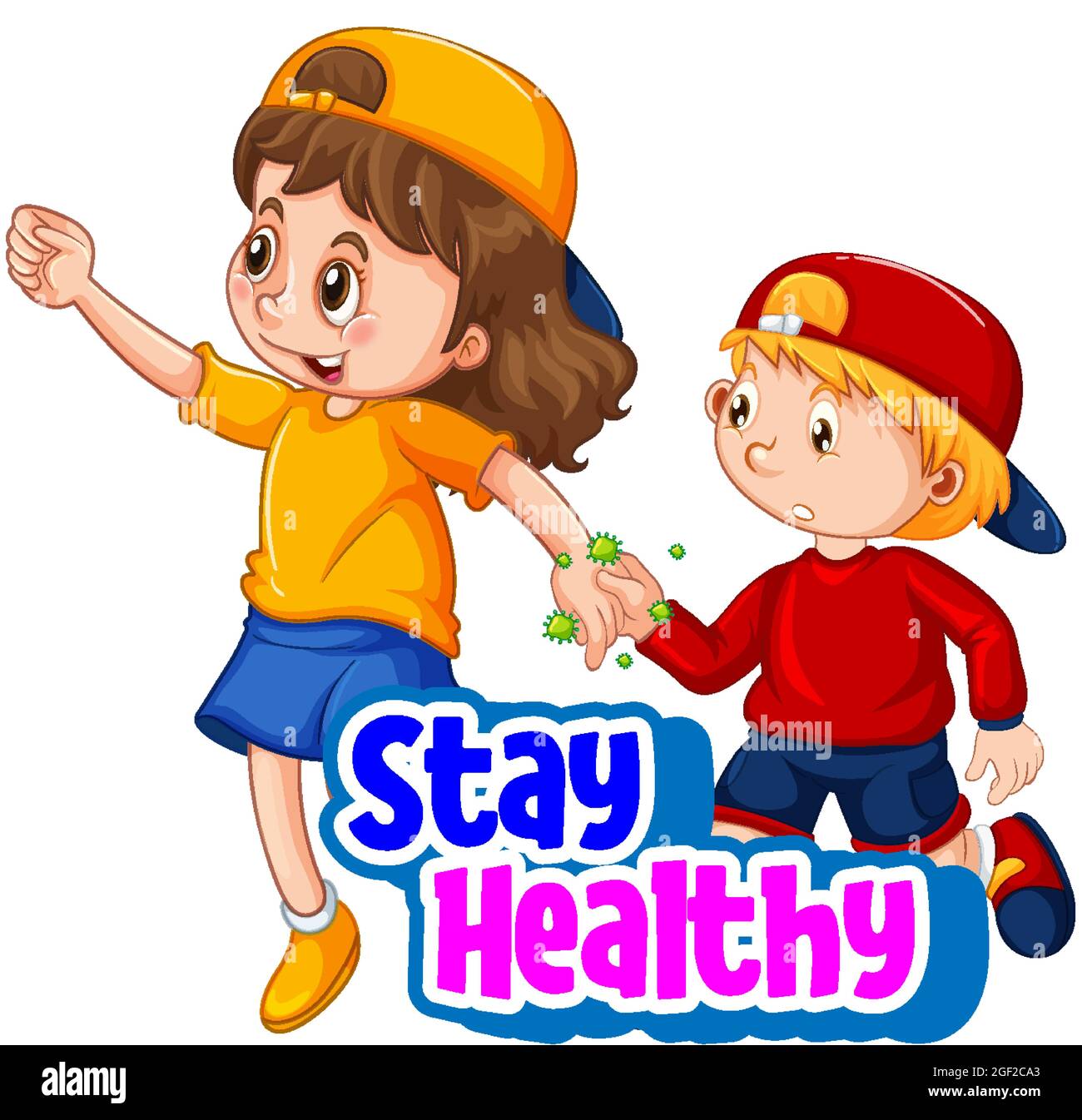 Stay Healthy font with two kids do not keep social distancing isolated ...