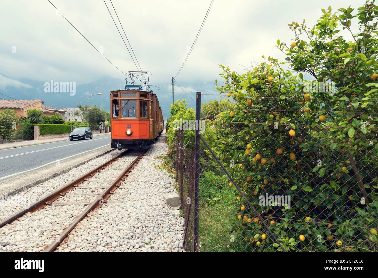 Spain, Majorca, Soller, 10th May 2018. Orange train for tourist ...