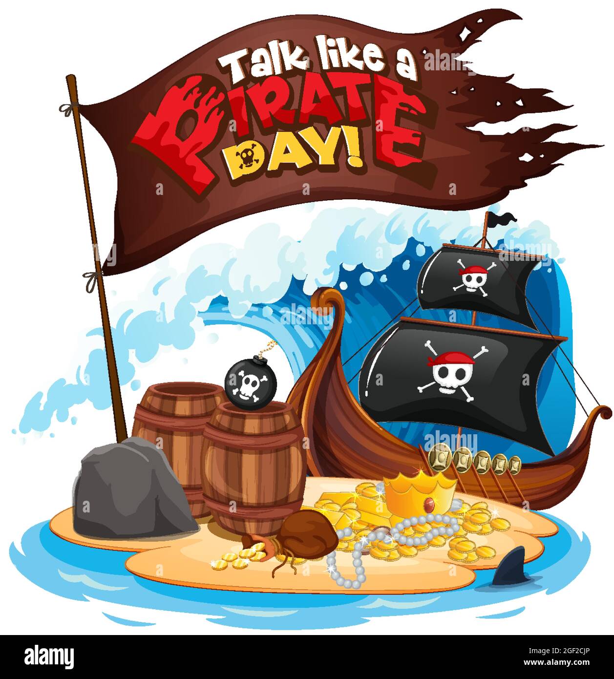 Talk Like A Pirate Day font banner with a pirate ship on the island ...