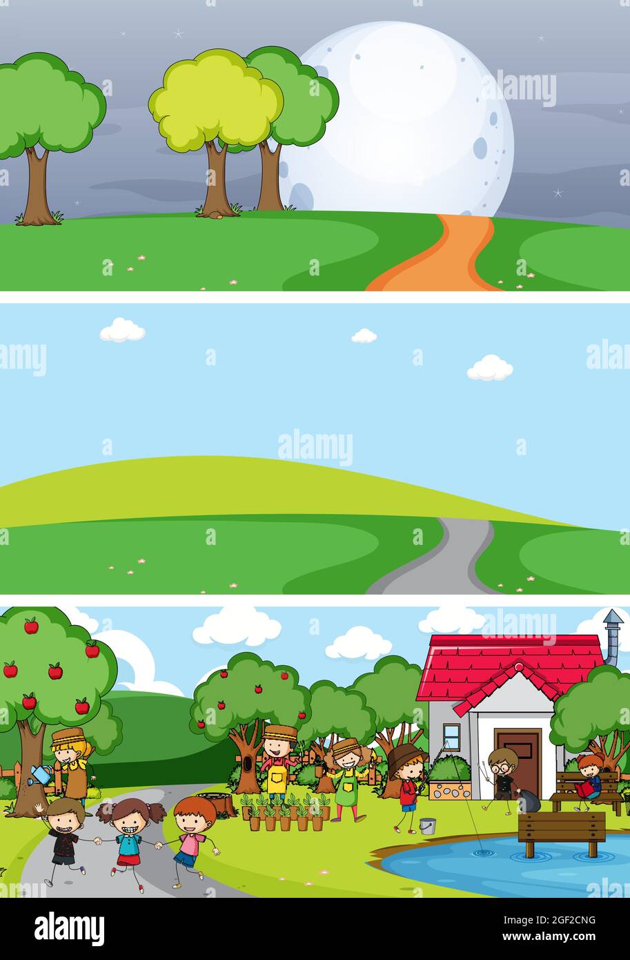 Set of different horizon scenes background with doodle kids cartoon ...