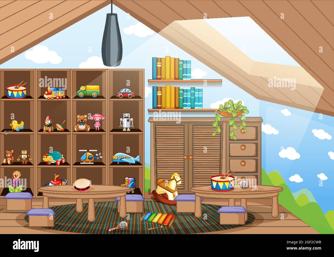 Empty kindergarten room with many kid toys illustration Stock Vector ...
