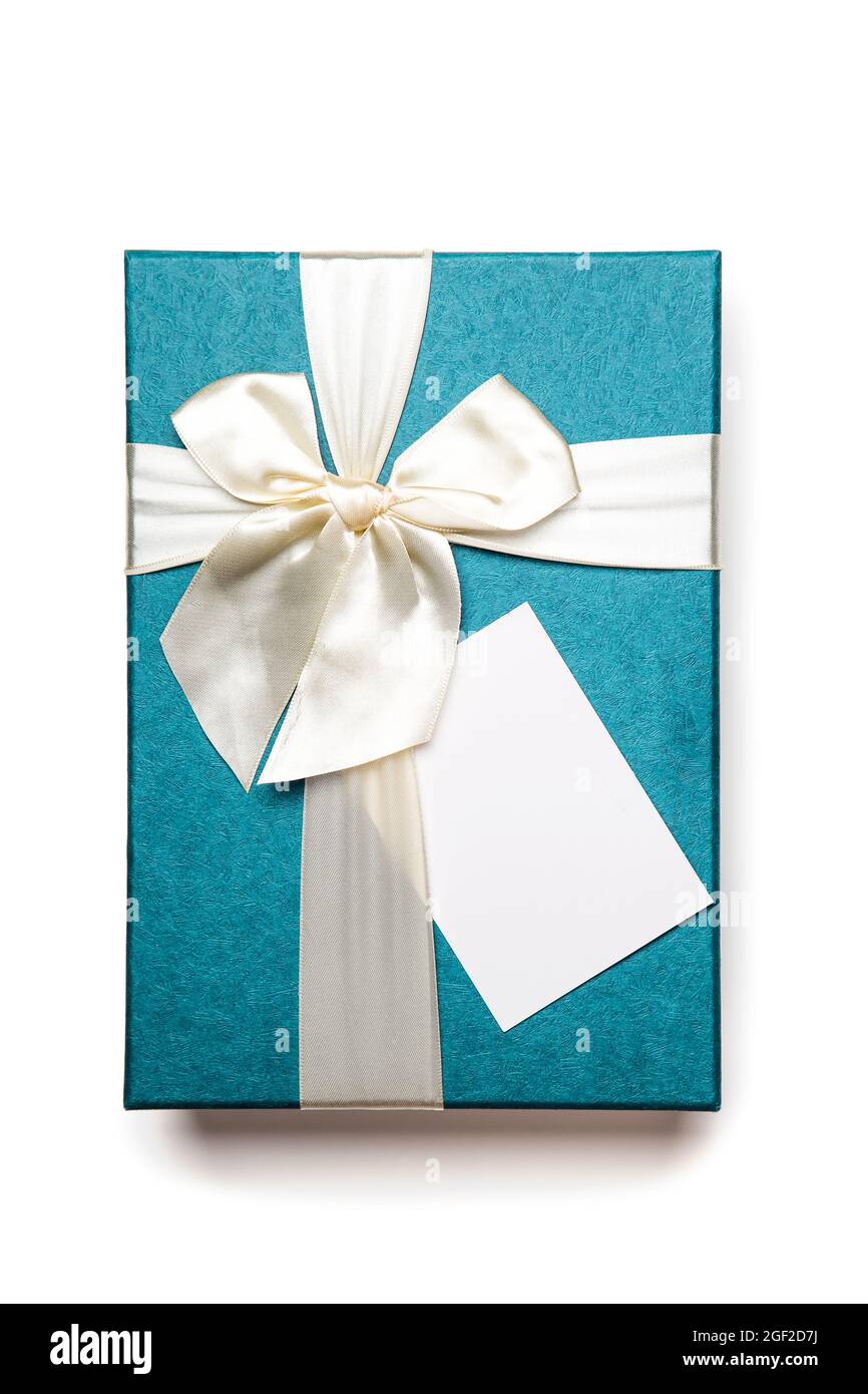 Gift box with empty white blank gift tag mock up. Christmas, birthday ...
