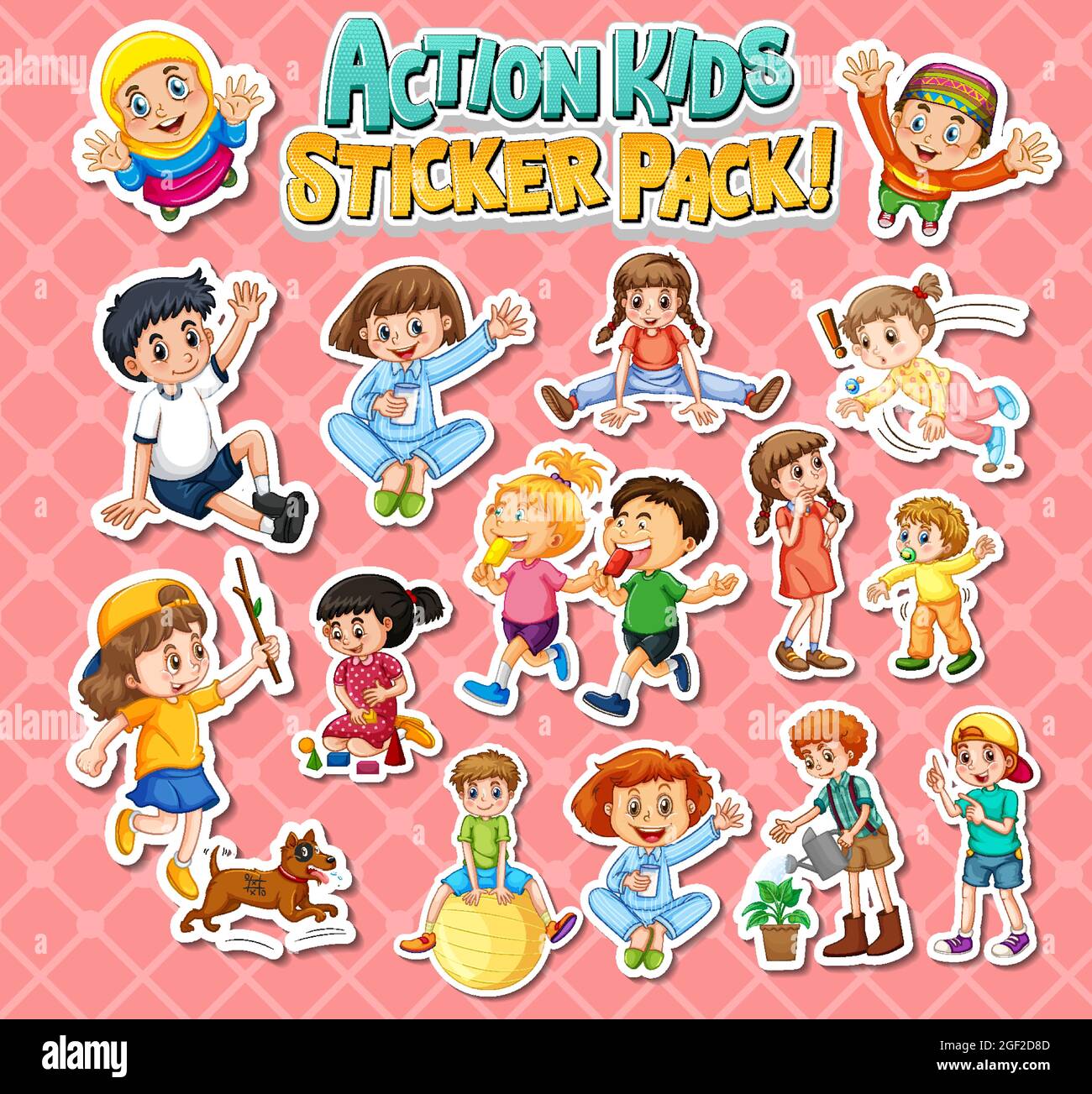 Set of stickers design with kids doing different activities ...