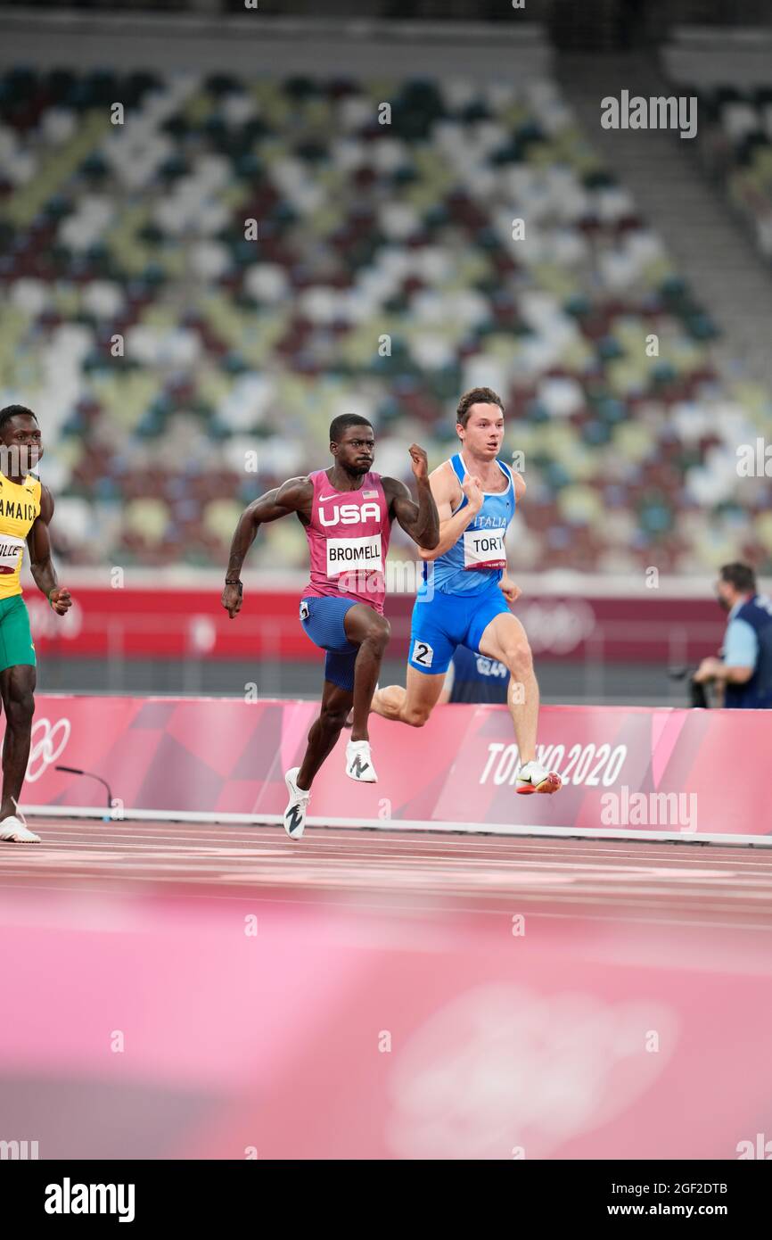 Trayvon Bromell running the 100 meters at the 2020 Tokyo Olympics Stock ...