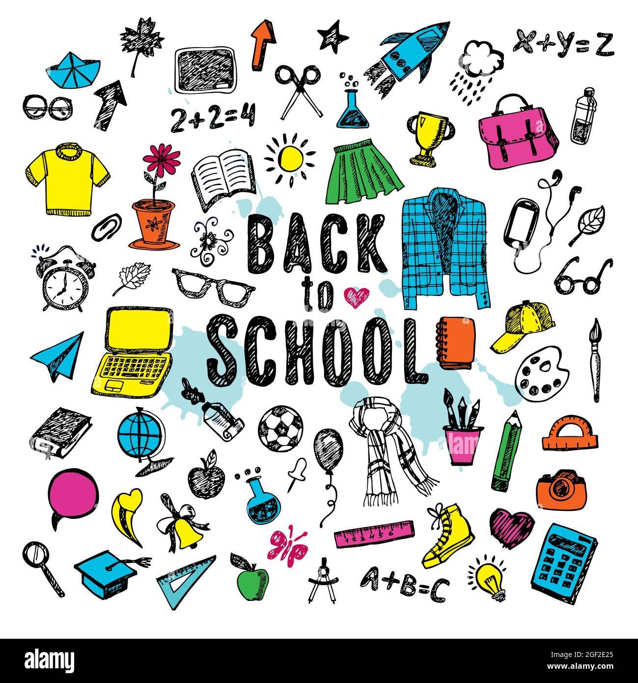 Freehand drawing school items on a white background with ink blots ...