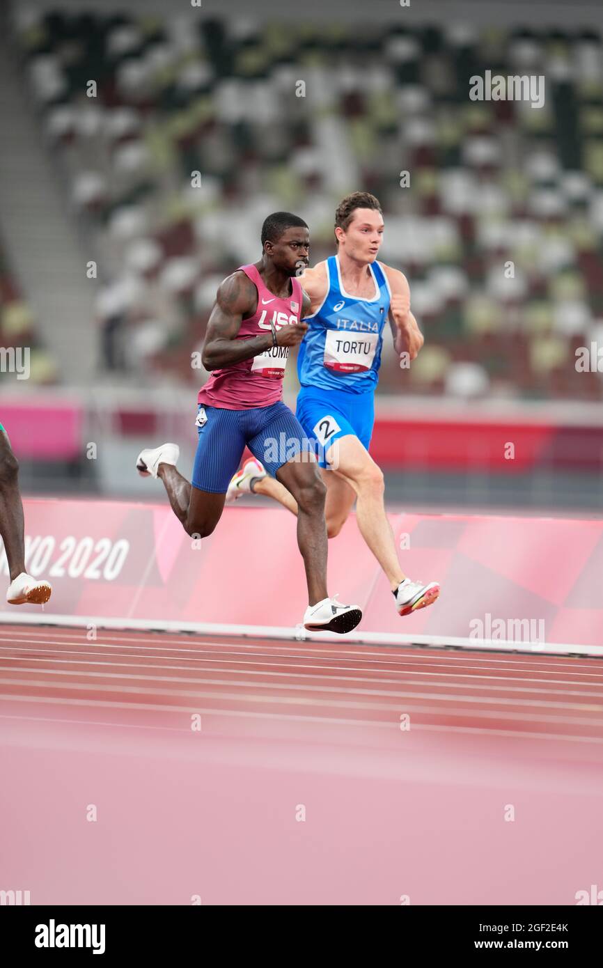 Trayvon Bromell running the 100 meters at the 2020 Tokyo Olympics Stock ...