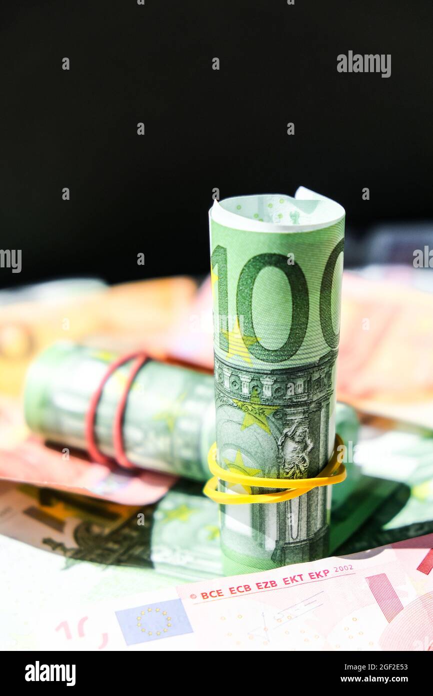 Close up of Euro money roll. Euro banknote set cash money - EU currency ...