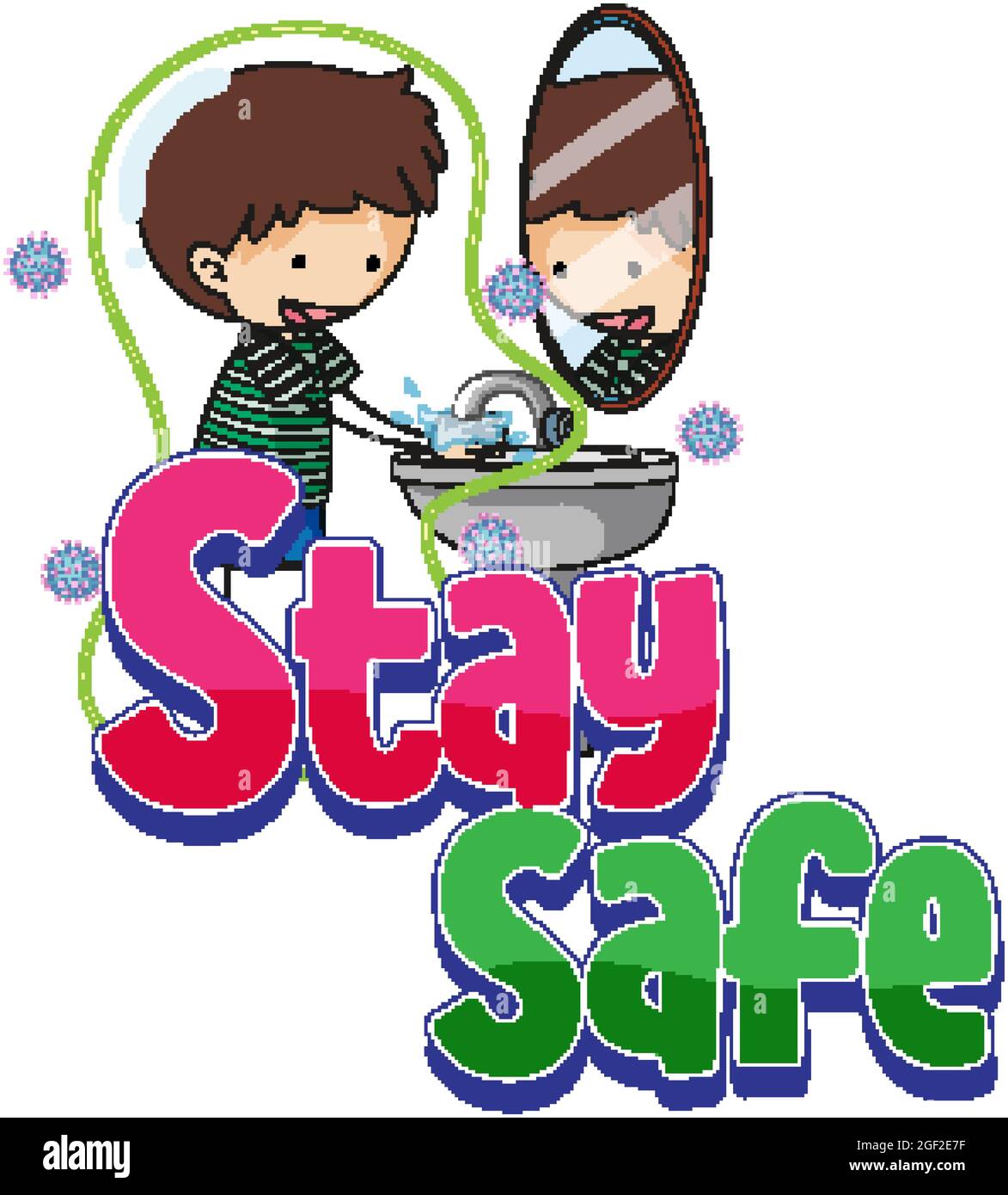 Stay Safe logo with a boy washing hands with water tap cartoon ...