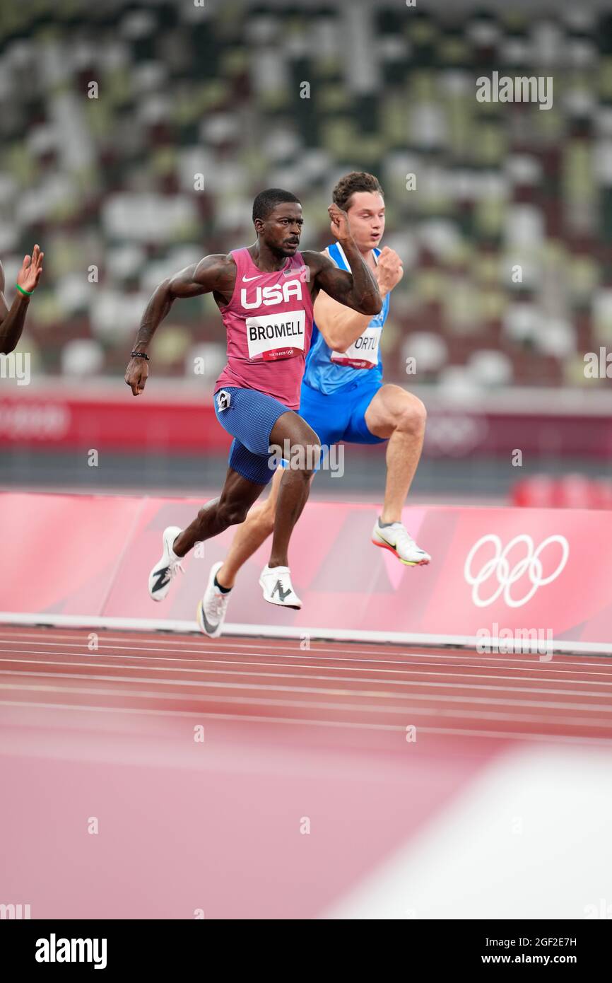 Trayvon Bromell running the 100 meters at the 2020 Tokyo Olympics Stock ...