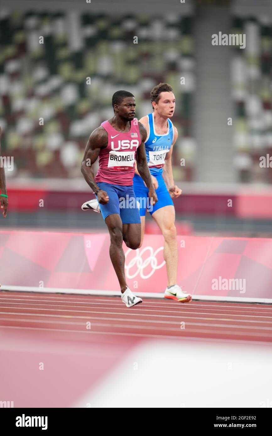 Trayvon Bromell running the 100 meters at the 2020 Tokyo Olympics Stock ...