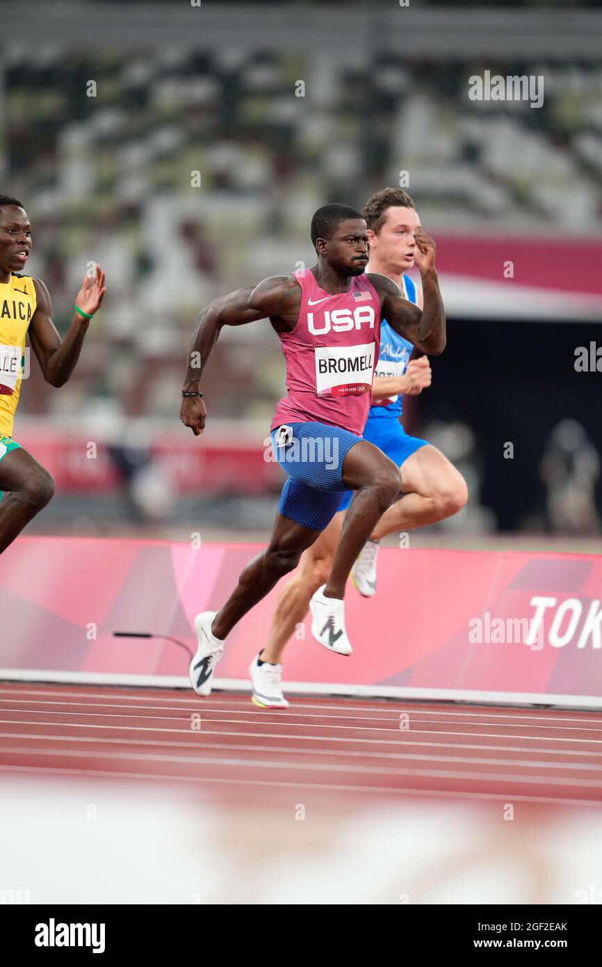 Trayvon Bromell running the 100 meters at the 2020 Tokyo Olympics Stock ...