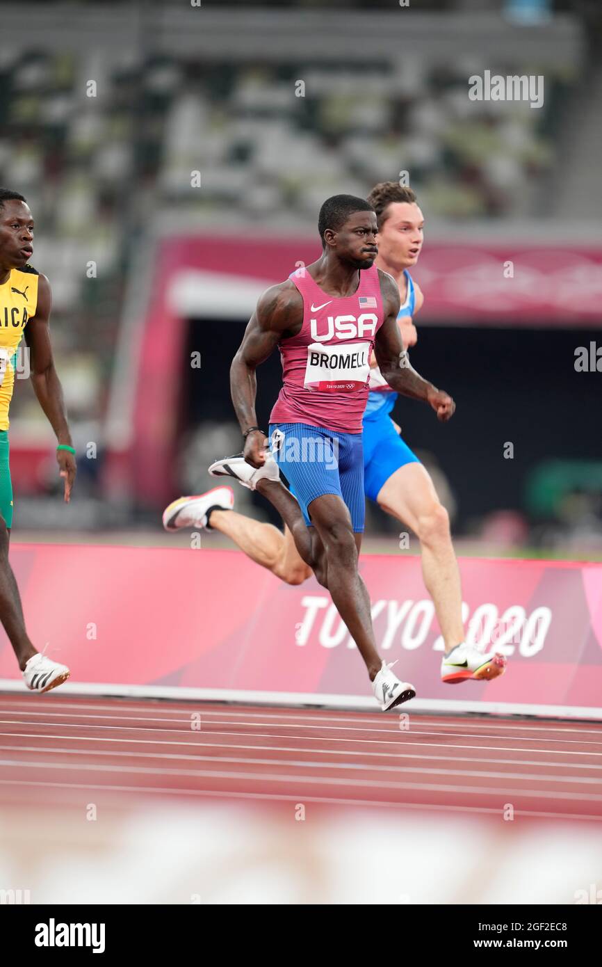 Trayvon Bromell running the 100 meters at the 2020 Tokyo Olympics Stock ...