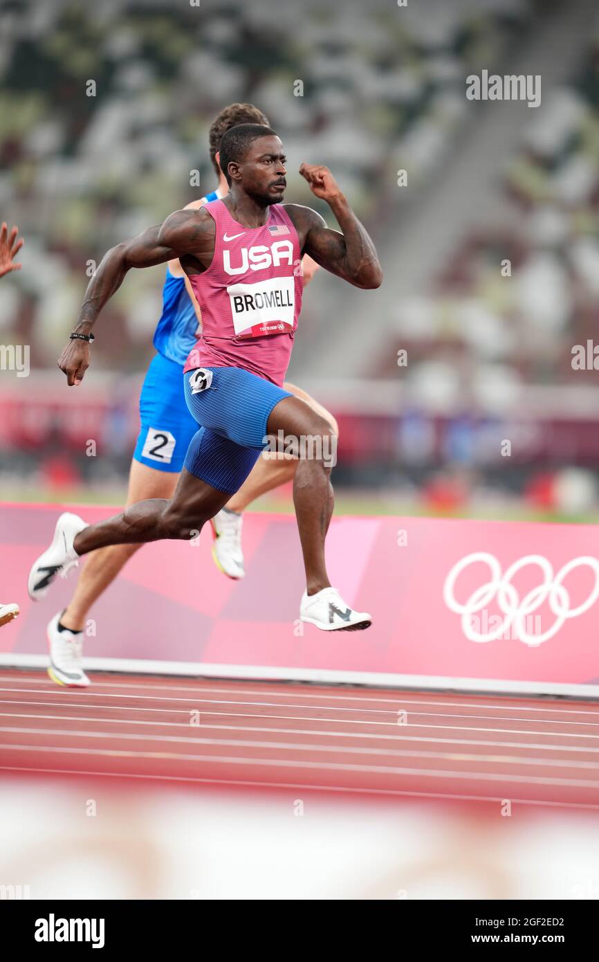 Trayvon Bromell running the 100 meters at the 2020 Tokyo Olympics Stock ...