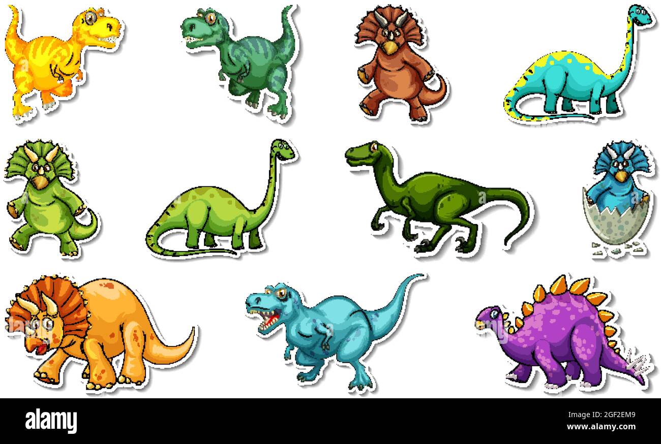 Sticker set with different types of dinosaurs cartoon characters ...