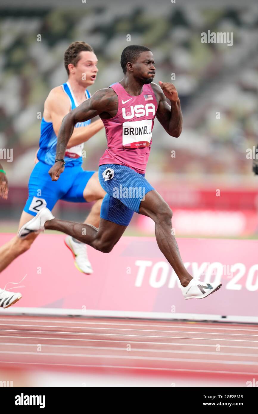 Trayvon Bromell running the 100 meters at the 2020 Tokyo Olympics Stock ...