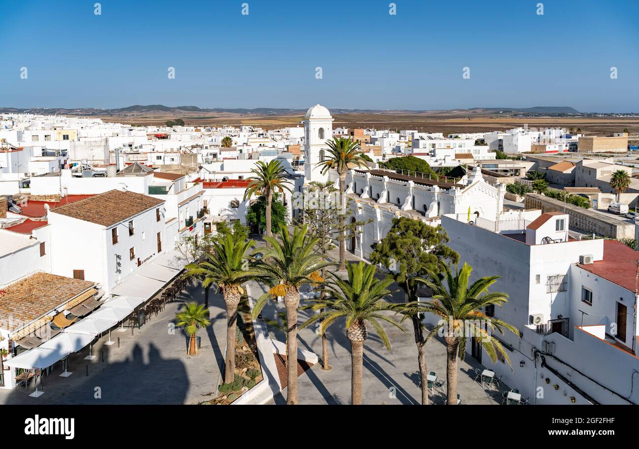 Aerial view of the traditional white buildings of the Conil de la ...