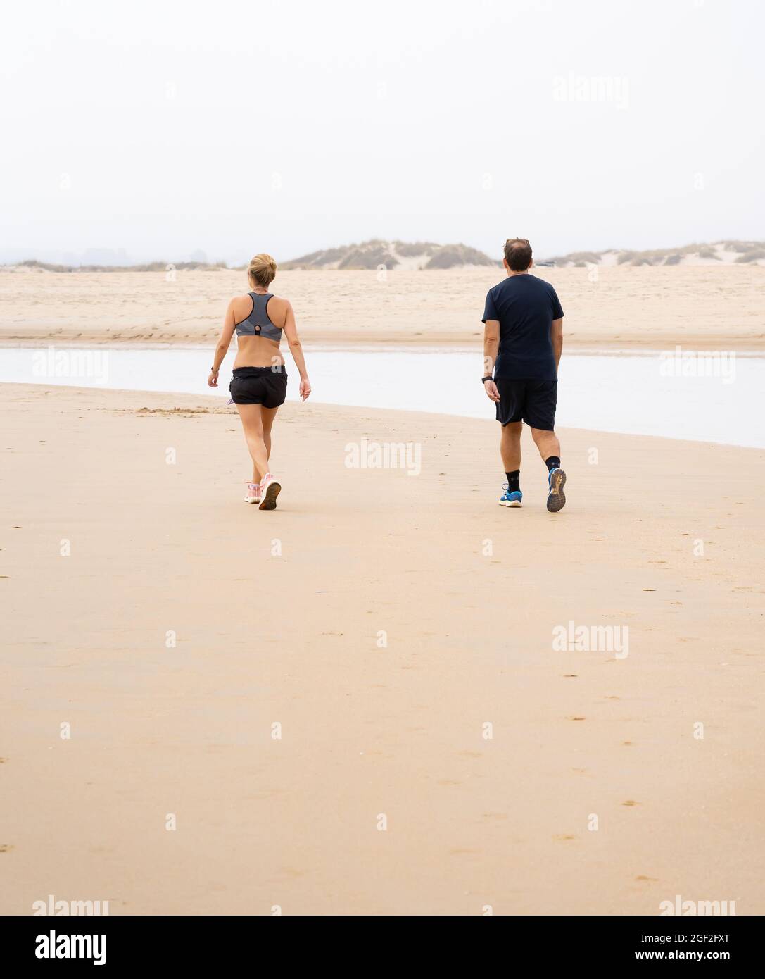 Back view of two people having walk on the sandy beach Stock Photo - Alamy