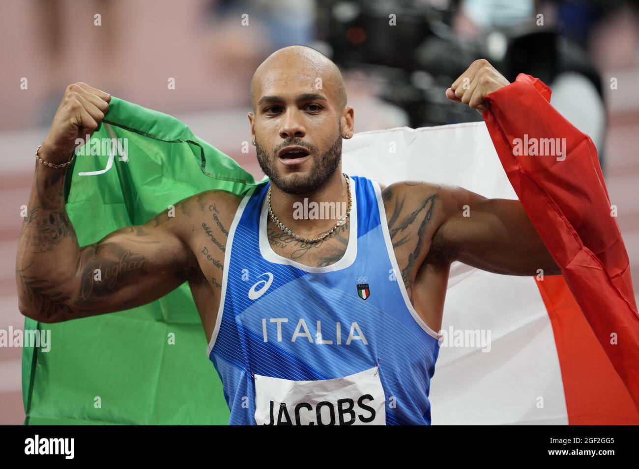 Marcell Jacobs celebrating his 100 meter triumph at the 2020 Tokyo ...