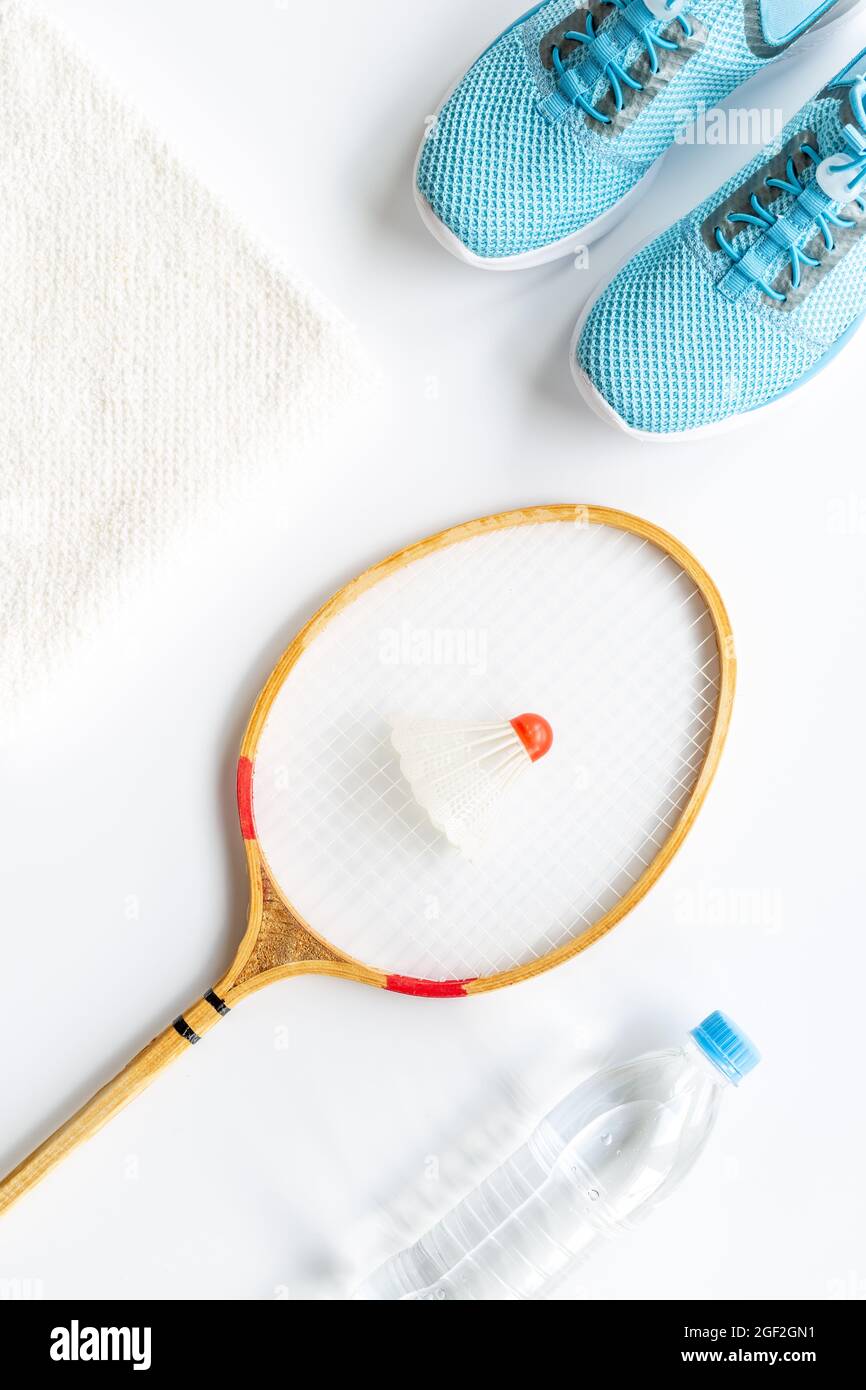 Competitive sports equipment. Two badminton rackets and shuttlecock ...